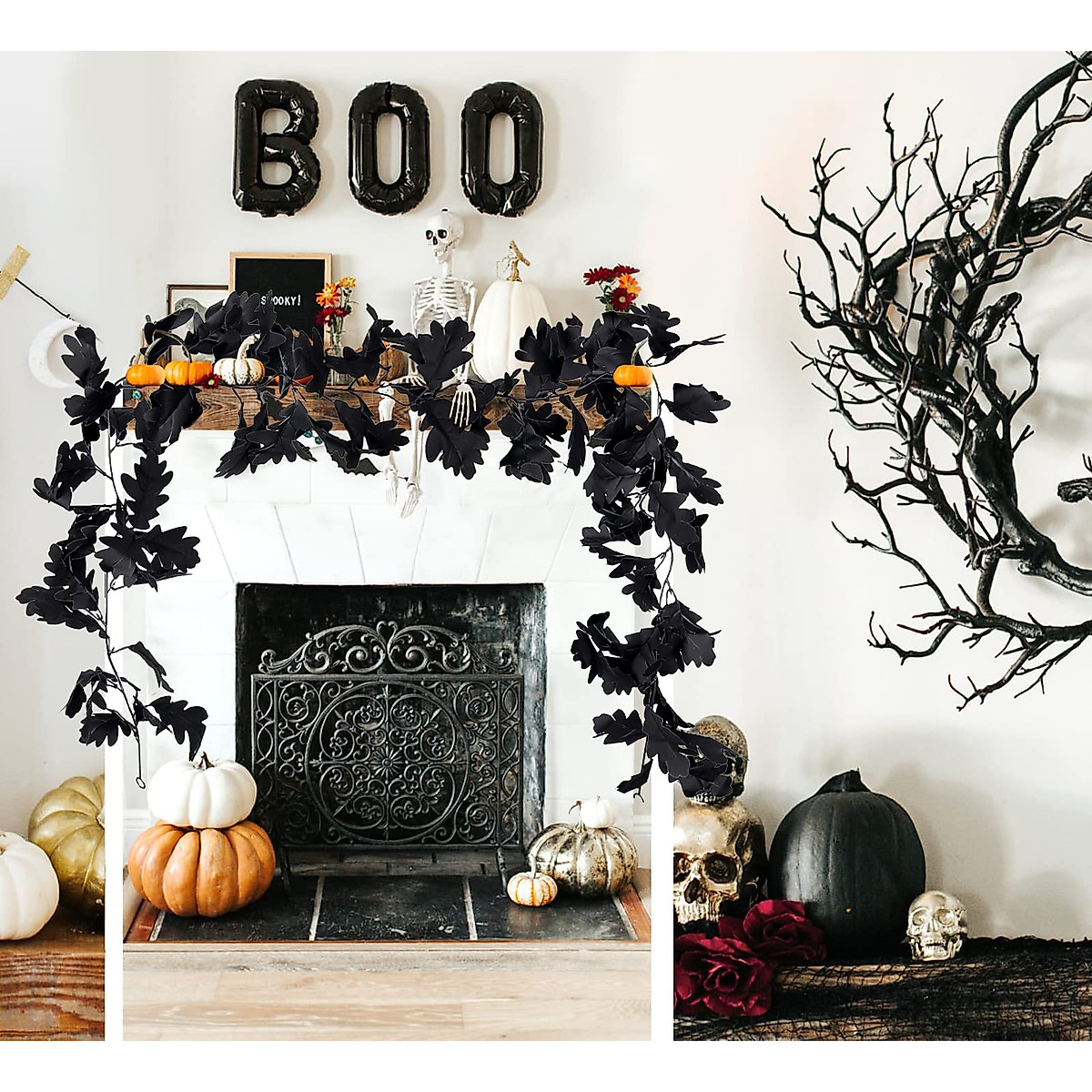 RECUTMS Black Leaf Garland 2PCS 5.7 FT Halloween Garland Fall Leaf Garland Artificial Hanging Black Maple Autumn Vine Leaf Fall Decor Black Maple Garland Black Leaf Halloween Home Decor