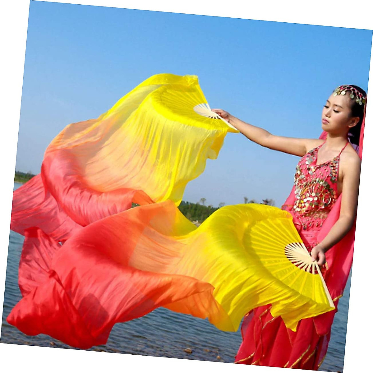 RAZZUM Kids Square Practice Women Lengthen Long Chinese Silk Praise Veil Streamer for Faux Perfomance Fans Morning Yangko Dance Simulation Supplies Flag Folding Props Veils M Decorative Fan