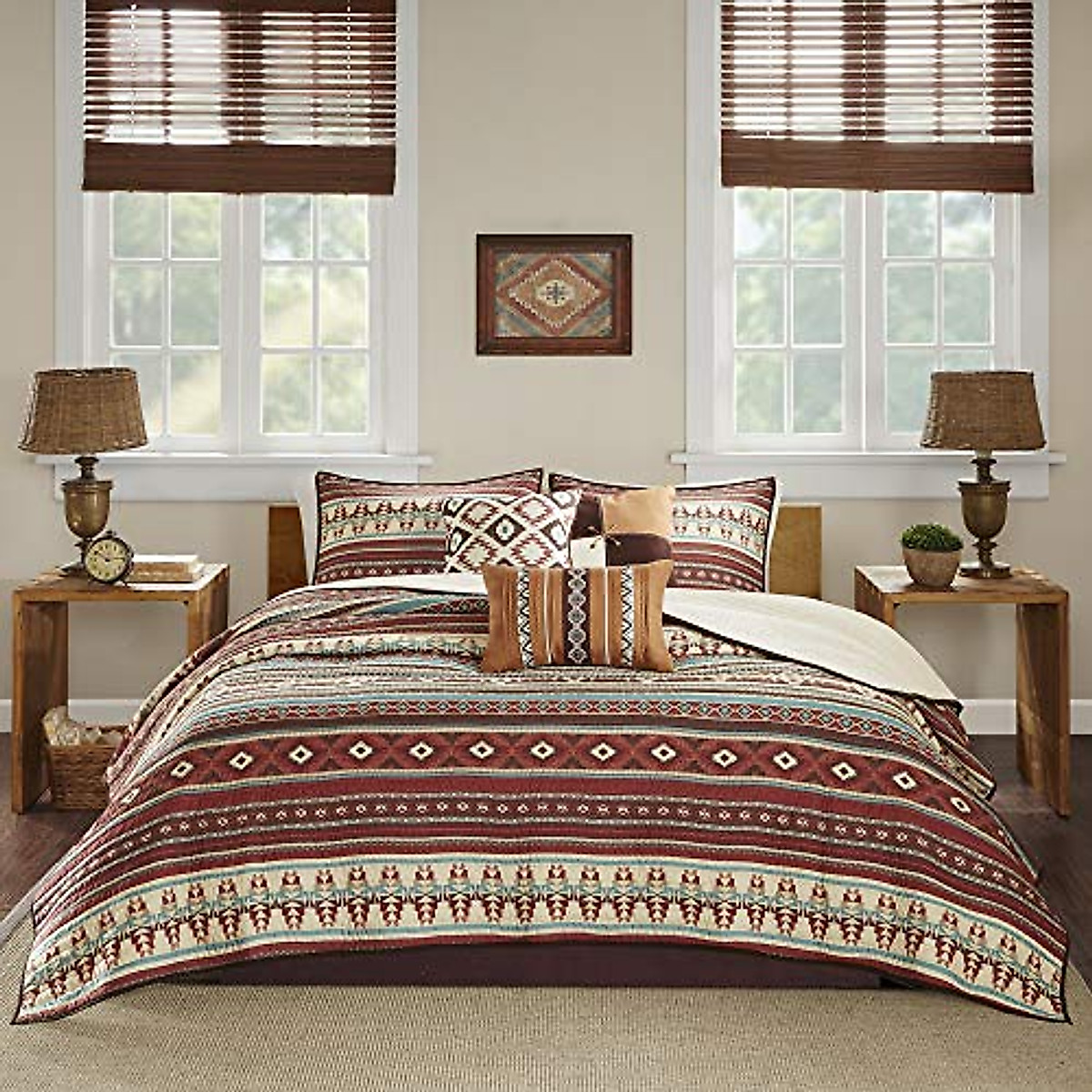 Madison Park Quilt Rustic Southwestern All Season, Breathable Coverlet Bedspread, Lightweight Bedding, Shams, Decorative Pillow, King/California King (104"x94"), Taos, Ikat Red/Spice 6 Piece