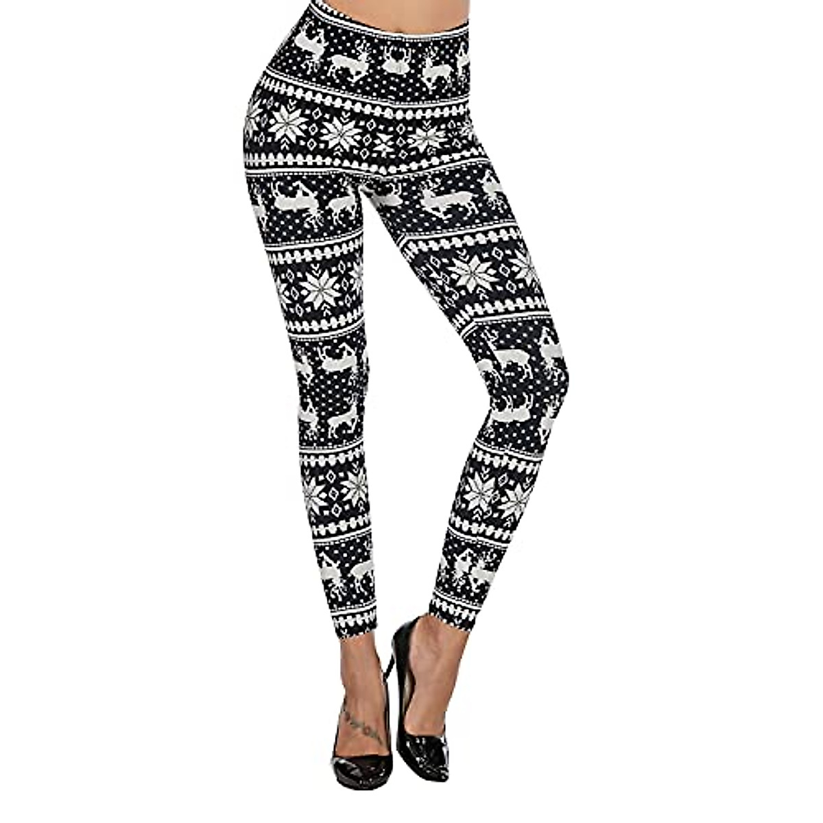 Uaderize Womens Ultra Soft Brushed Christmas Leggings Pants Reindeer Black and White L
