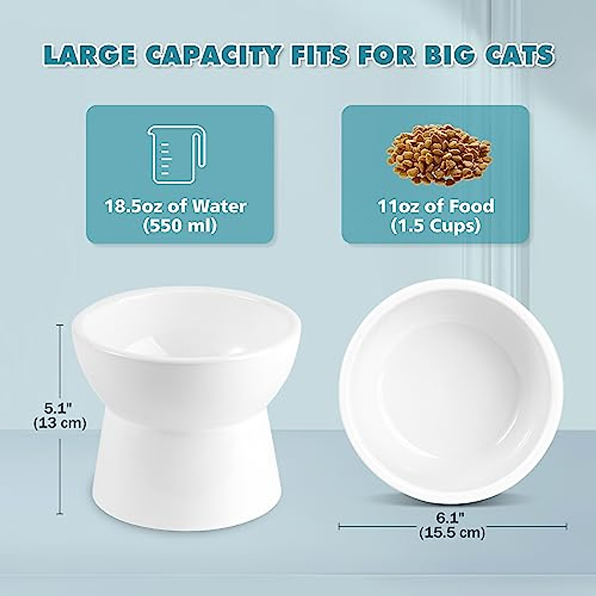 Elevated Cat Water Bowl - Raised Ceramic Cat Food Dish - Anti Vomiting - Extra Wide Whisker Friendly - Microwave & Dishwasher Safe - 6.1 inch - 18.5 oz - 550 ml