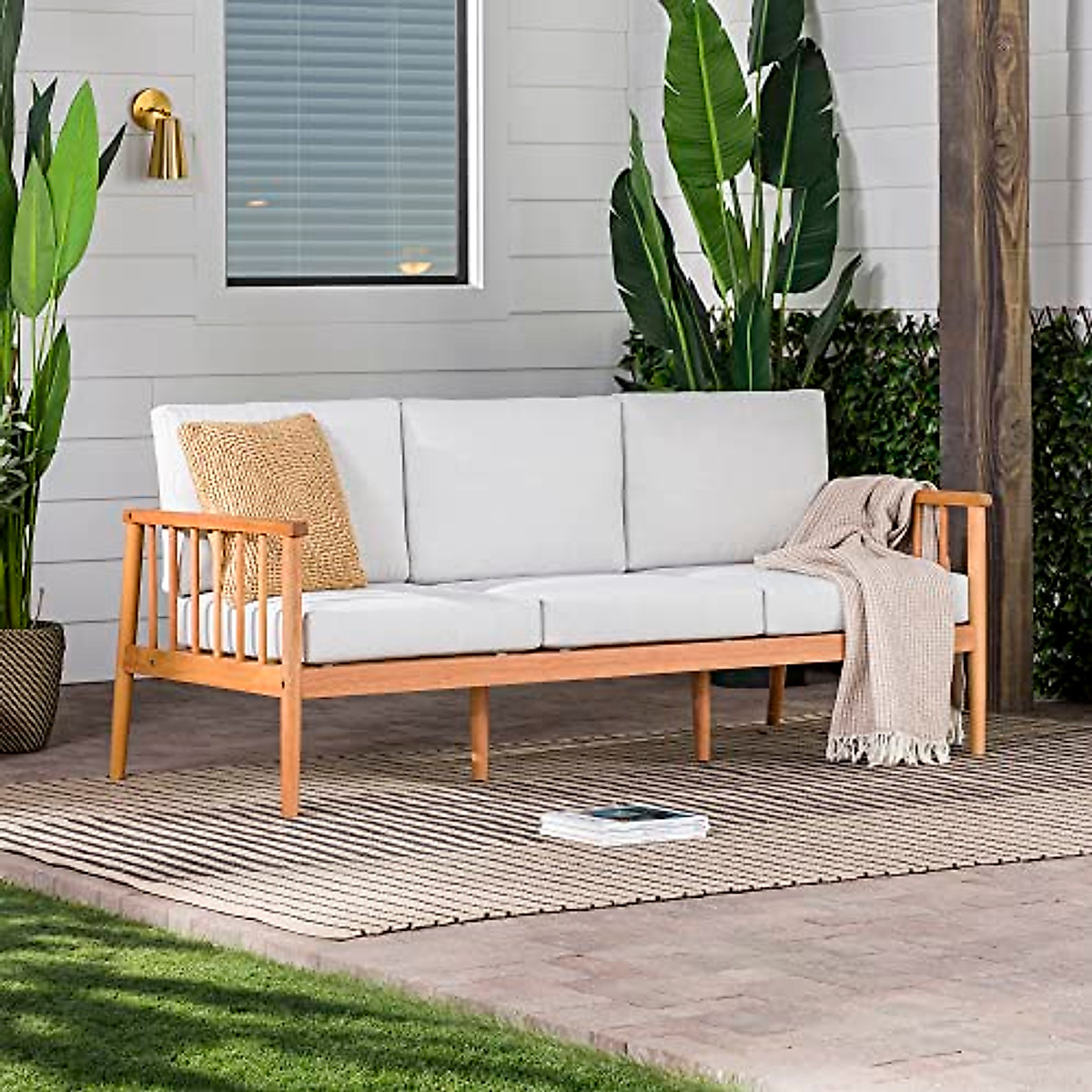 Walker Edison Dekian Modern Outdoor Spindle Style Triple Lounge, 75 Inch, Natural