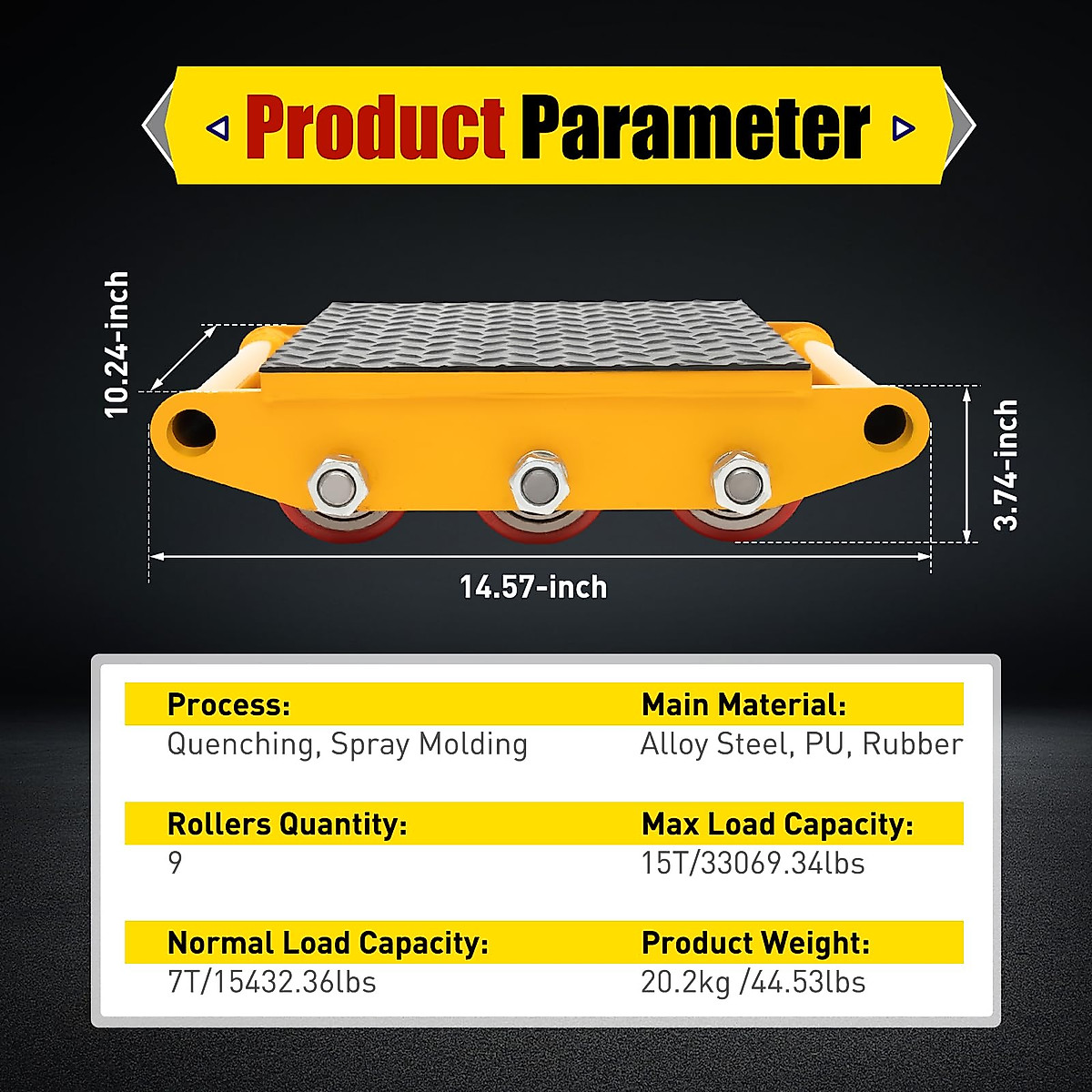 Industrial Machinery Mover,15T 33069lbs Machinery Skate Dolly Roller Heavy Duty Mover with 9 Rollers,Yellow