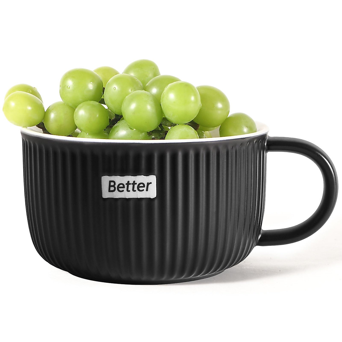 Artena 38 Ounce Soup Bowl with Handles, 6 inch Jumbo Soup Mug with Handles, Wide Large Cereal Bowl for Oatmeal, Gumbo, Salad, Oversized Black Glazed Ceramic Soup Cup, Microwave & Oven Safe