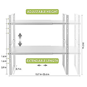 Across-Star Expandable Cabinet Shelf Organizer Rack, Stackable Kitchen Counter Storage Shelves Stand, Adjustable Height Pantry Shelf Spice Rack (White, 2 Pack)