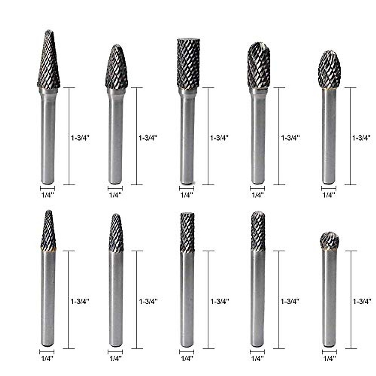 Carbide Burr Set JESTUOUS 1/4 Inch Shank Diameter Double Cut Tungsten Carbide Cutting Burrs Rotary Files Bits for Die Grinder Metal Grinding Woodworking Drilling Carving,10pcs