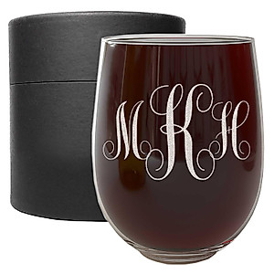Personalized Etched Monogram 17oz Stemless Wine Glass, Gifts for Women, Customized Engraved Christmas Gifts, Unique Mother's Day Gift, Customizable Bridesmaid Birthday Wine Tumbler, Script Monogram