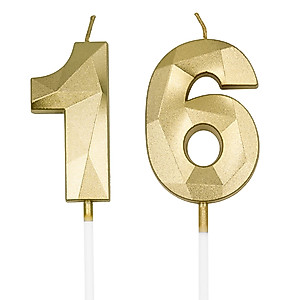 16th & 61st Birthday Candles for Cake, Gold Number 16 61 3D Diamond Shaped Candle Birthday Decorations Party Supplies for Girls, Boys, Women or Men