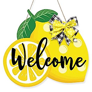 Huray Rayho Lemon Welcome Door Sign Summer Farmhouse Wooden Front Door Hanger, 13.7''x12.5'' Fresh Lemon with Yellow Black White Buffalo Plaid Bowknot, Summer Gift Ideas for Parents, Friends, Teachers