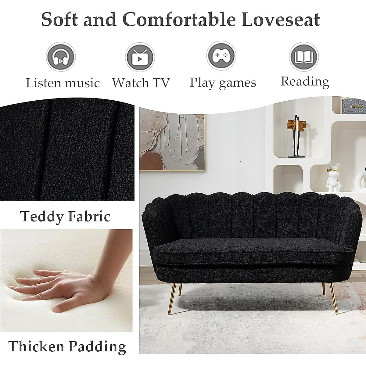 anwickjeff 59" Wide Modern Boucle Loveseat Small Sofa Small Mini Room Couch 2-Seater Sofa with Gold Metal Legs for Small Space Office Studio Apartment Bedroom (Black)