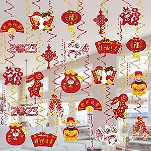 36 PCS Chinese New Year Decorations Hanging Swirls - 2023 Year of The Rabbit Ceiling Hanging for Home Office - Happy Lunar New Year Party Swirl Decor, NYE Party Decorations Supplies
