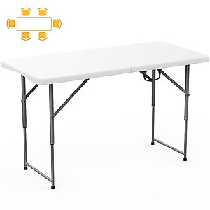 SKOK Folding Table 4 Foot Adjustable Height, Plastic Foldable Table Portable with Carry Handle, Utility Commercial Craft Card Table with Heavy Duty Frame for Picnic, Dining and Events, White