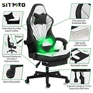 Gaming Chair,Big and Tall Gaming Chair with Footrest,Ergonomic Computer Chair,Fabric Office Chair with Lumbar Support,360 Degree Swivel and Height Adjustment,Video Gaming Chair for Adults-White