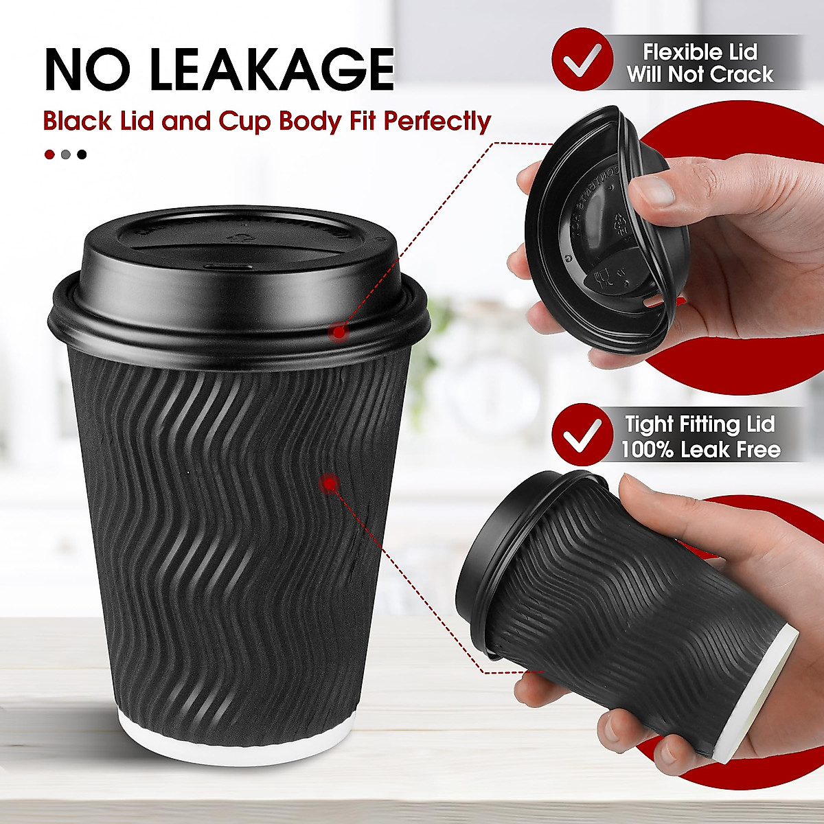 Ginkgo 100 Pack 12 oz Disposable Coffee Cups with Lids, To-Go Paper Coffee Cups Suitable for Hot Coffee, Chocolate and Cocoa, Coffee Bar Accessories - Black