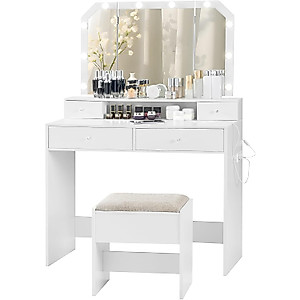 Quimoo Vanity Desk Set with LED Tri-Fold Lighted Mirror & Power Outlet, Makeup Vanity Table with 4 Drawers, Cushioned Stool, for Bedroom, Bathroom, White