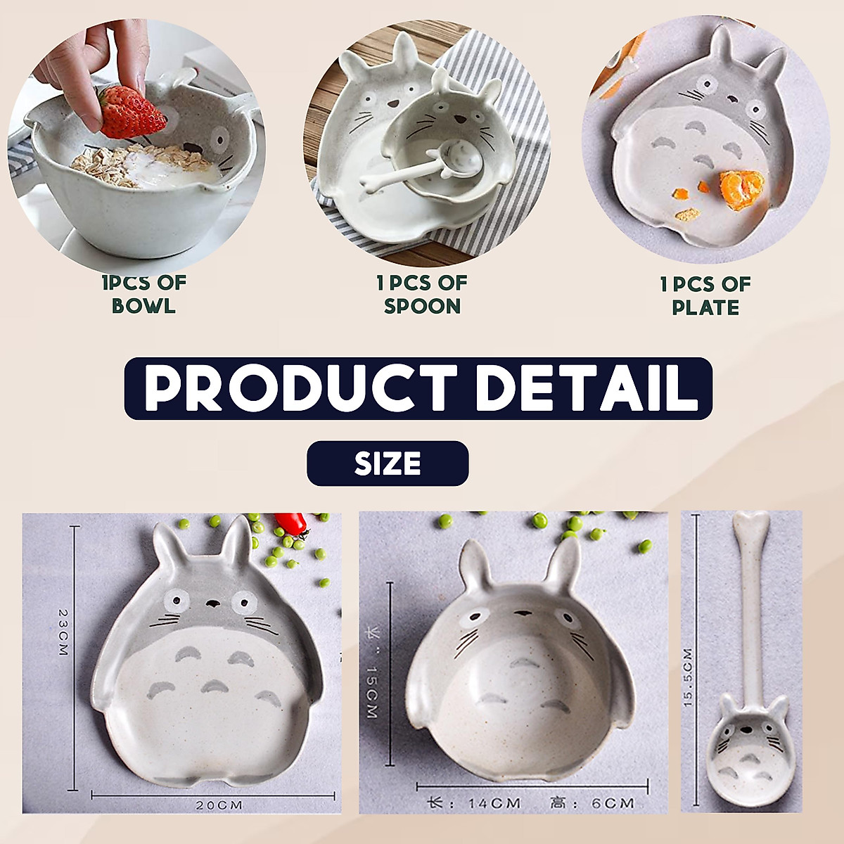 Ceramic Grey Cartoon Plate Bowl Set Hand-Painted Anime Character Dinnerware for Kids Cute Non-slip Dish Sets (Set of Bowl, Plate, Spoon)