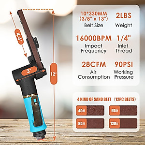 Air Belt Sander 3/8" x 13 inch Pneumatic Sander with 1/4" Air Inlet, Pneumatic Tool with 12pc Belts (40#,60#,80#,120#), Mini Air Belt Grinder Air Tool for Polishing Plastic Aluminium Iron Steel Metal