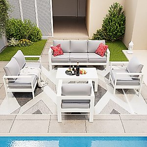 Amopatio Aluminum Patio Furniture Set, 8 Pieces Modern Patio Conversation Sets, Outdoor Sectional Metal Sofa with Cushion and Coffee Table for Balcony, Garden, White (Included Waterproof Covers)