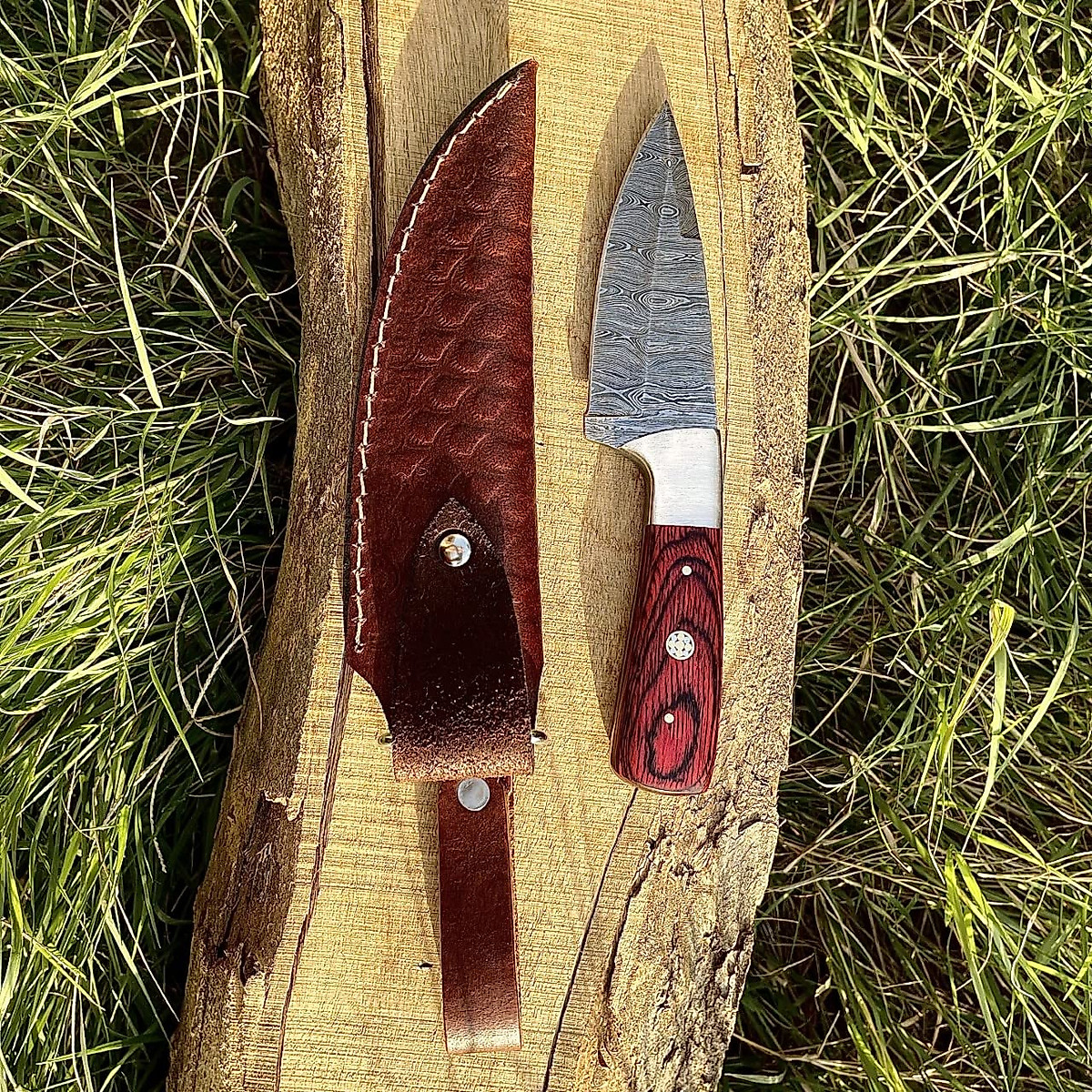 W TRADING Handmade Damascus Steel Hunting Knife Survival Fixed Blade Knife with Red Pukka Wood-Damascus Steel Blade Skinning Camping Knives For men and women With Leather Sheath