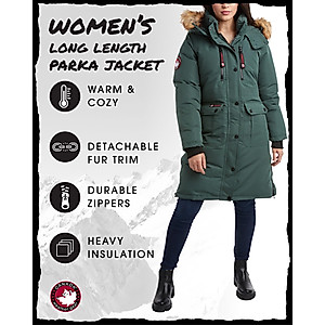 CANADA WEATHER GEAR Women's Winter Coat - Women's Parka and Long Winter Jackets for Women with Removable Faux-Fur Hood (S-3X), Size Small, Forrest Green/Natural