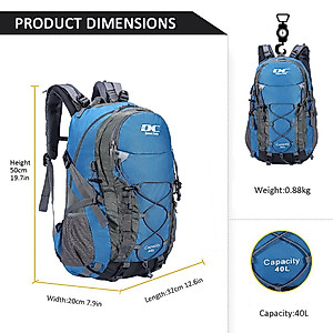 Diamond Candy Waterproof Hiking Backpack for Men and Women, Lightweight Day Pack for Travel Camping, Blue, 40L