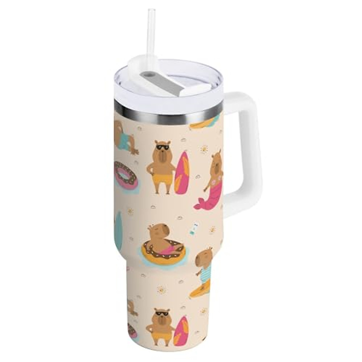 DIGTIA Stainless Steel Insulated Tumbler w/Handle & Straw, Capybara Swimming Ring Double Wall Vacuum Travel Coffee Mug Cup w/Lid, Leak-Proof Sports Summer Water Bottle,30oz