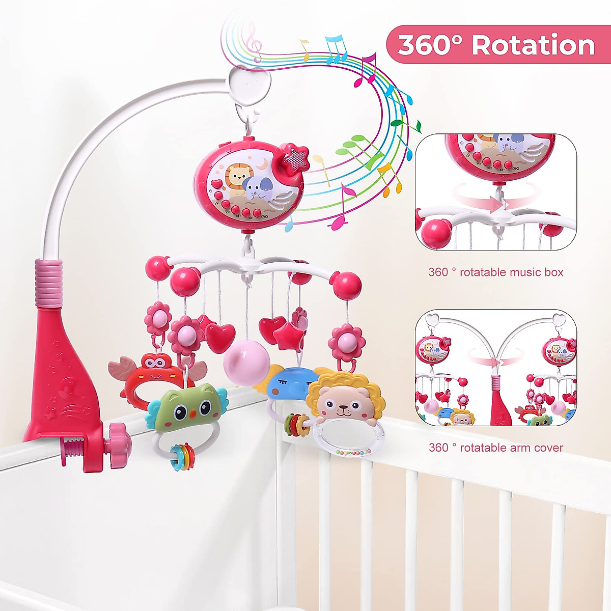 YUNGCHI Baby Mobile for Crib with Crib Toys Music and Lights for Pack and Paly Crib Musical Carousel Mobile Baby Mobile for Girls and Boys Portable Mobile for Baby Bassinet Toys Hanging - Red