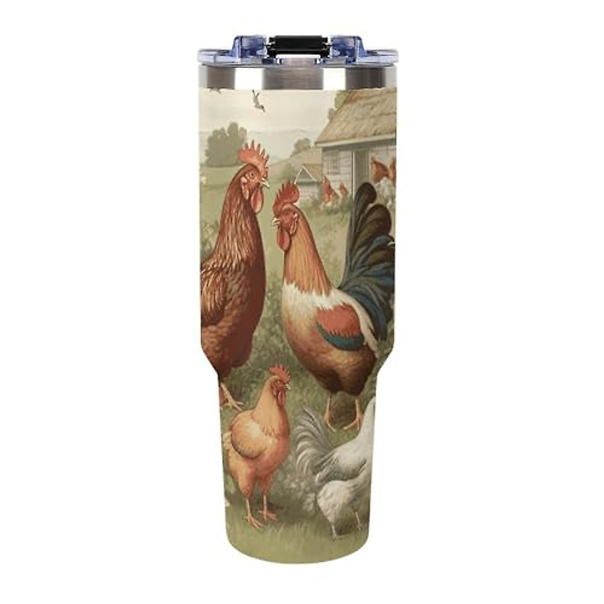 LLUTSNTH 40 Oz Vacuum Tumbler with Violet Handle Leakproof Insulated Tumbler Chickens And Farm Stainless Steel Travel Mug with Lid And Straw Coffee Cup Cute Water Bottles Cup Holder Friendly