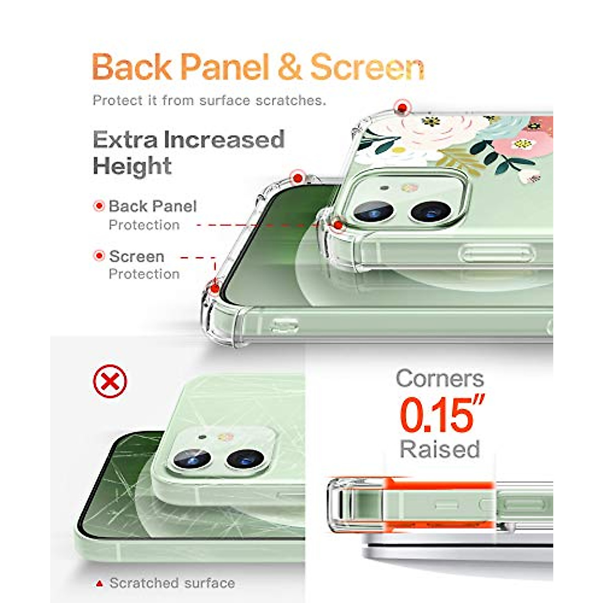 GVIEWIN for iPhone 12 Case and iPhone 12 Pro Case with Screen Protector + Camera Lens Protector, Clear Floral Flexible TPU Shockproof Women Girls Flower Pattern Phone Case 6.1"(Abundant Blossom/White)