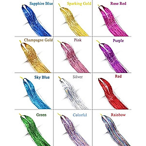 Sedfzo 47 Inch Tinsel Hair Extensions Glitter Kit - 12 Mixed Colors 2400 Strands Sparkling Shiny Hair Tinsel with Tools for Ball Party,Halloween Christmas New Year Halloween Cosplay Party