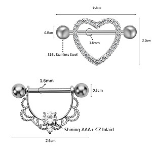 NASAMA Stainless Steel Acrylic Nipple Rings Tongue Ring CZ Barbell Heart-Shape Piercing Body Jewelry (6pair Steel color)