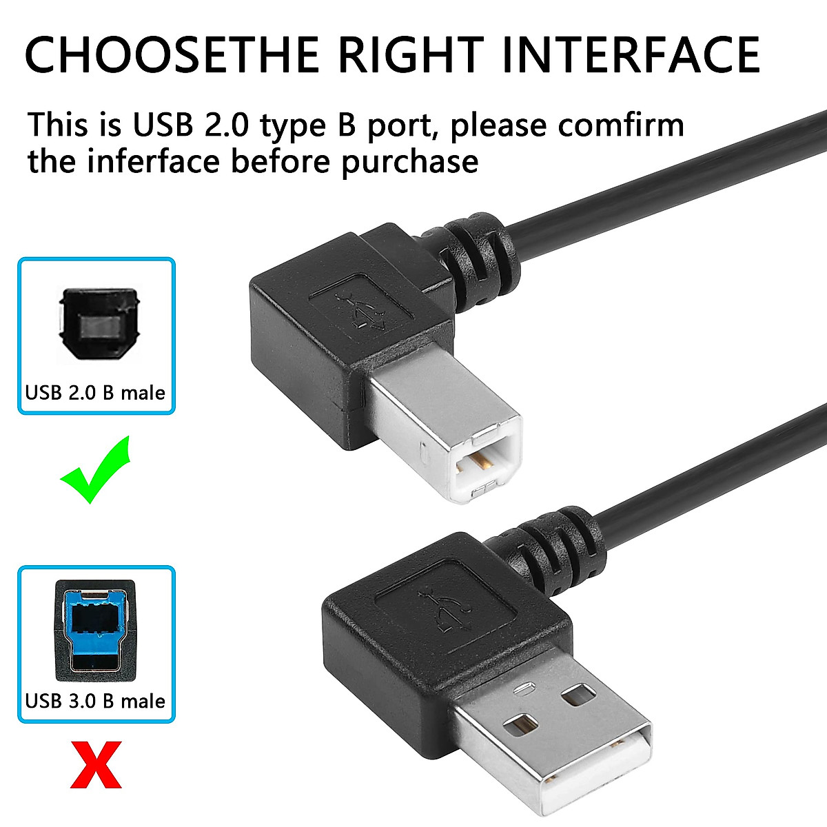 CERRXIAN 90 Degree USB A to B Cable Printer Cable, 1ft Left Angle USB 2.0 Type A Male to Right & Left Angle USB 2.0 Type B Male Scanner Cable(rl)