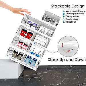 BomSaluka Shoe Storage Boxes Stackable, Clear & Large Shoe Organizer,Easy Assembly Shoe Display Case,Space Saving Foldable Shoe Holders, Shoe Container Rack Sneaker Bins,Fits Up to Size 13 Shoes