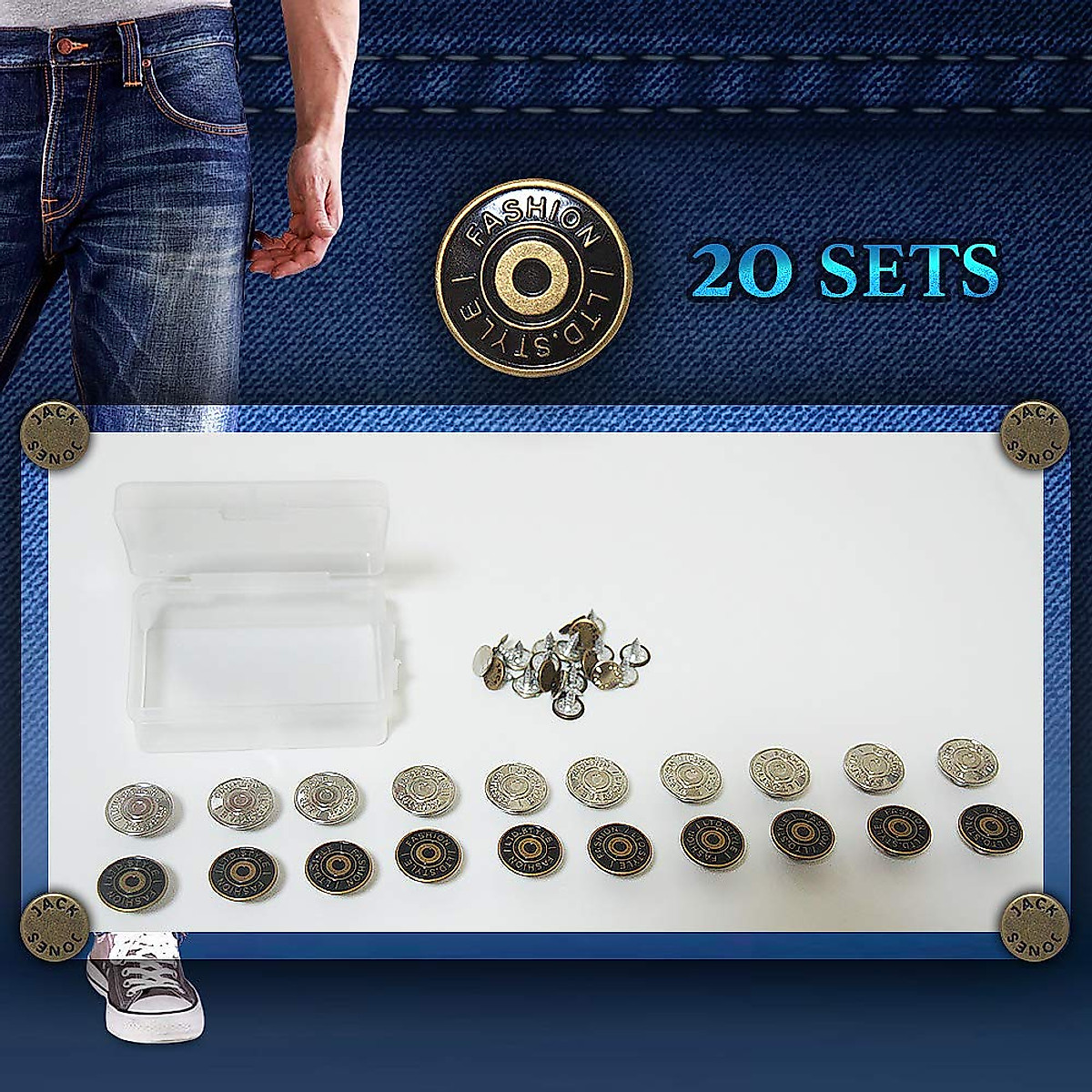 20 Sets Replacement Jean Buttons, 17mm Combo Copper Tack Buttons Replacement Kit with Rivets and Metal Base in Plastic Storage Box