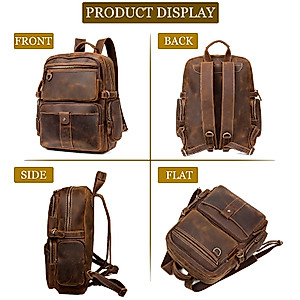 PAHVRION Men's Vintage Leather Backpack Casual Daypack Fits 15.6 Inch Laptop Brown Travel Rucksack Business Work Hiking Daypack