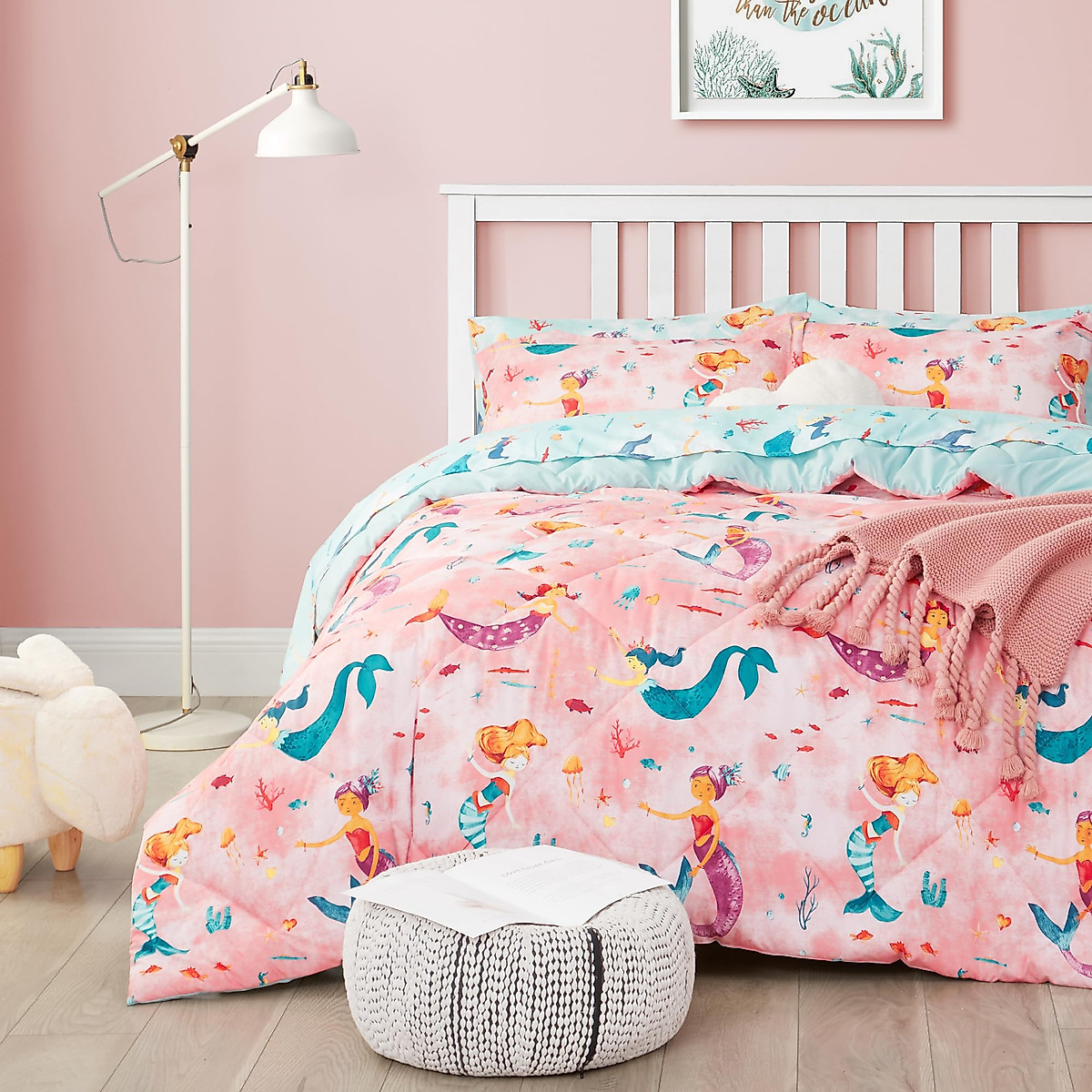 UMCHORD Pink Mermaid Kids Bedding Set for Girls, Twin Size 5 Pieces Bed in a Bag, Super Soft Lightweight Microfiber Comforter Set with Sheets, Hotel Quality Durable Children Bed Set