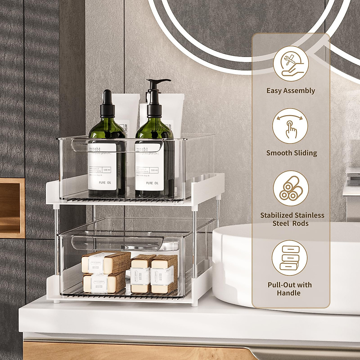 YuzhuSuye Under Sink Organizer 2 Tier Bathroom Storage and Organizer Multi-Purpose Clear Pull Out Cabinet Organizer Drawer Storage Shelves with Handles for Bathroom Kitchen Pantry Closet and Office