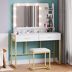 Wildhome Vanity Set with Lighted Mirror,Vanity Desk with 2 Drawers,Makeup Vanity Dressing Table with 9 Lights for Women, Dresser Desk Vanity Set for Bedroom,with Cushioned Stool,Gold (White)