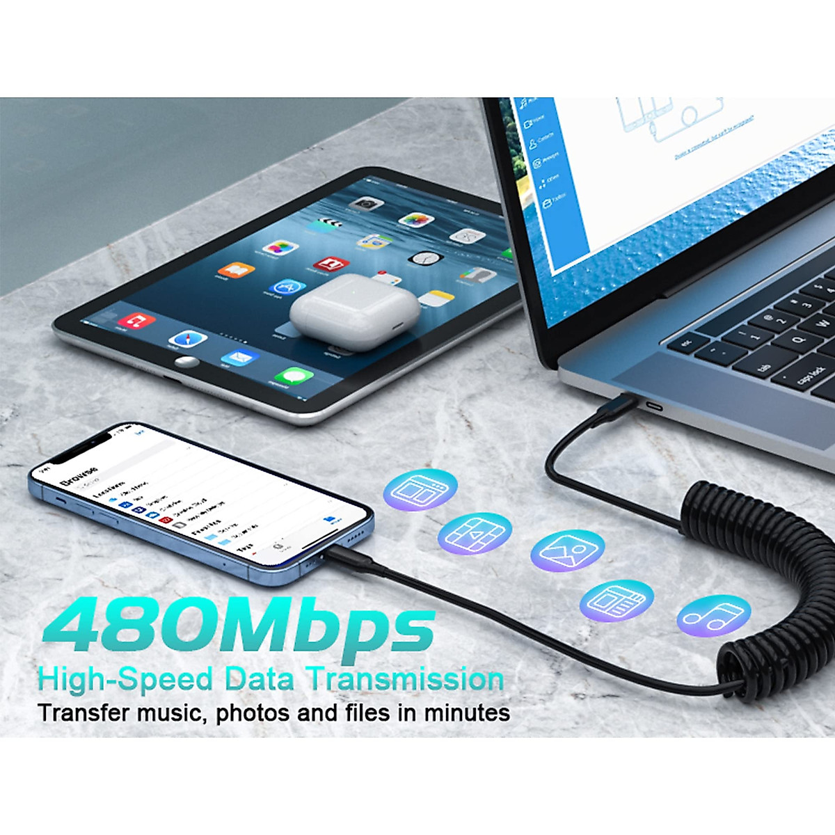 Arkidyn Coiled USB-C to Lightning Cable, MFi Certified Retractable USB C iPhone Charger Cord Charging Cable Compatible with iPhone 14 13 12 11 Pro Max XR XS X 8 7 6 Plus 5 SE