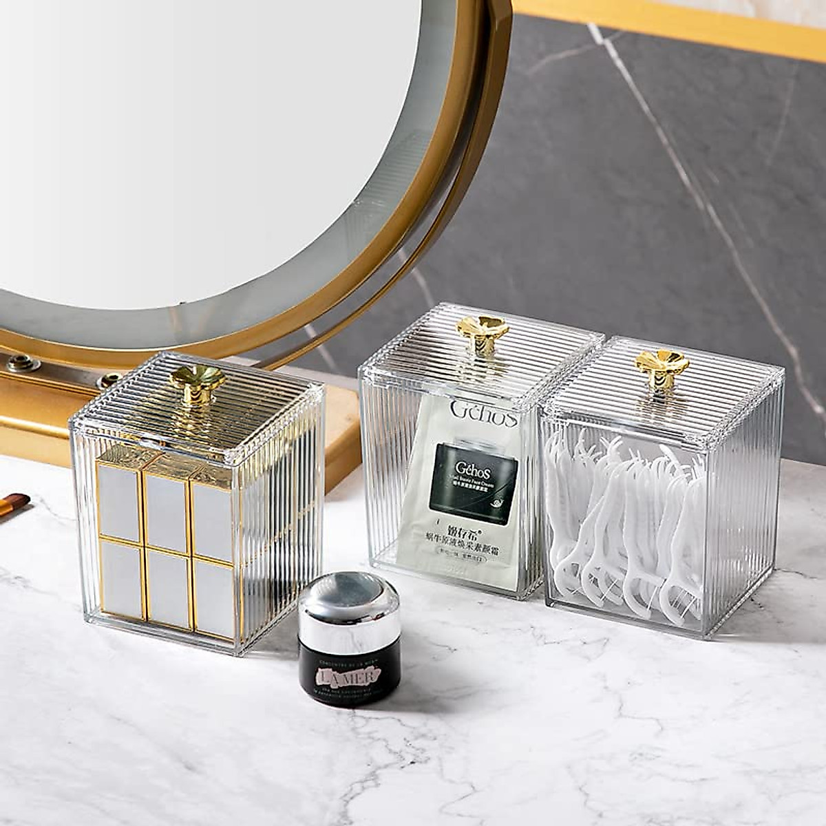 Chris.W Set of 3 Fancy Cotton Swab Holder Dispenser, Cosmetic Canister Jar Box with Lid, Cotton Ball Canister Jar, Apothecary Storage Organizer Jars, Makeup Organizer for Bathroom Home Storage Organizer