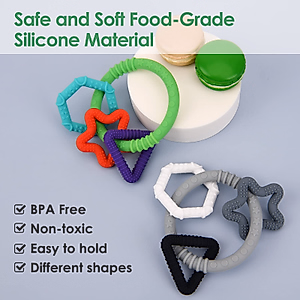 Teething Ring Toys for Babies 6+ Months, Btrfe Baby Soft Silicone Teether with Multiple Raised Textures, Teething Relief, Soothing Gums, Colorful Ring Geometry