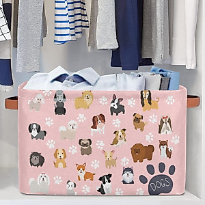 Storage Baskets with Handles, Cute Dogs Pink Storage Cube Rectangular Fabric Collapsible Toy Storage Bin Organizer for Closet Shelf Laundry Nursery Kids Bedroom, 15x11x9.5 In