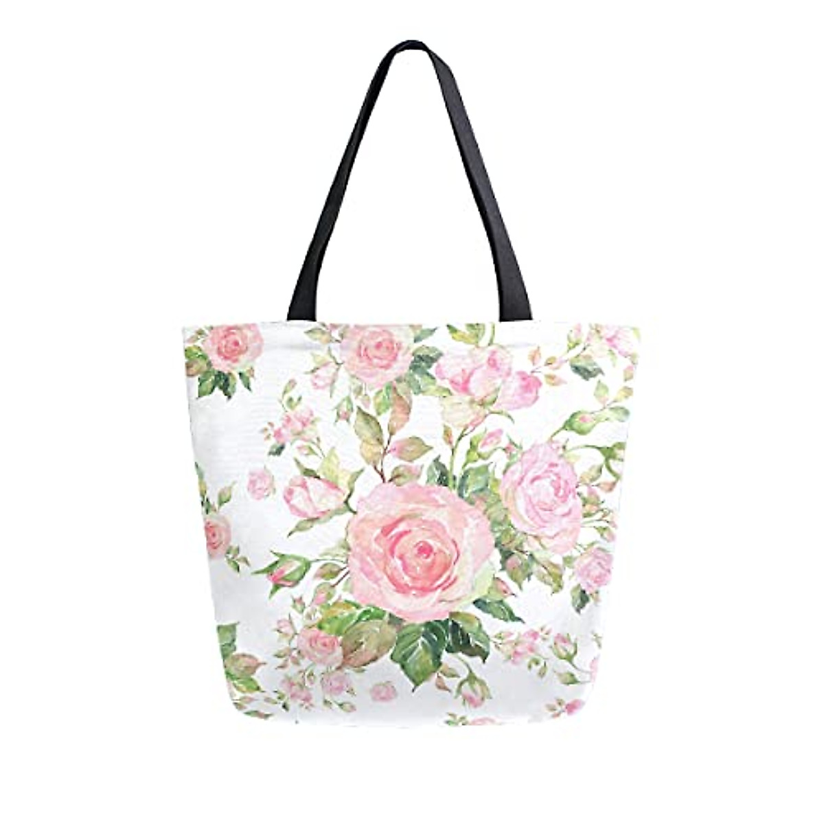 ALAZA Pink Rose Flower Large Canvas Tote Bag Floral Shopping Shoulder Handbag with Small Zippered Pocket