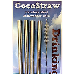 4 Stainless Steel Wide Smoothie Straws - CocoStraw Large Straight Frozen Drink Straw - 4 Pack + Cleaning Brush (4)