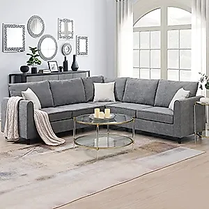 i-POOK L-Shaped Sectional Sofa, 91 * 91" Modern Upholstered Accent Sofa with Padded Back and 3 Pillows Sectional Couch for Living Room Bedroom Apartment, Gray