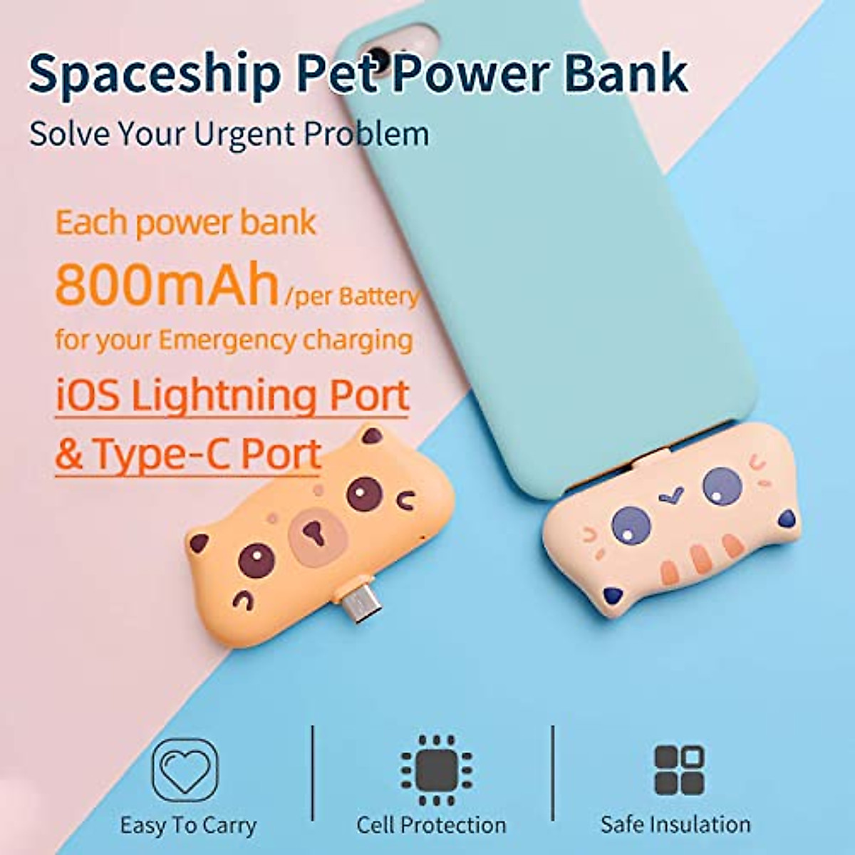 HRNAKDFKL Portable Charger - Cute Power Bank Emergency Charging 2 Pack 800mAh USB C iOS Power Bank with LED Night Light External Battery Pack Charger Compatible with iPhone & Type C (USB C & iOS)