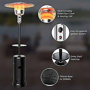 COSTWAY Patio Heater, 48000 BTU Propane Heater with Drink Shelf Tabletop, Simple Ignition System, Base Reservoir and Wheels, Standing Outdoor Space Heater for Patio, Garden and Backyard (Black)