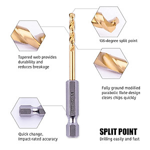 JEFE HEX 1/4" HSS Twist Titanium Drill Bits, Hex Shank for Quick Change, 135 Degree Easy Cut Split Point Drill Bit for Steel, Copper, Aluminum, Zinc Alloy, Wood, and Plastics (Pack of 6).