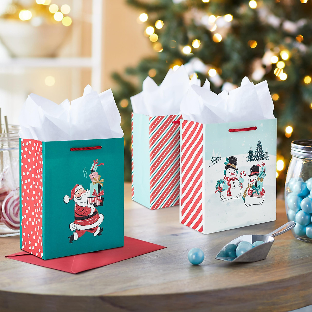 Hallmark 6" Small Vintage Christmas Gift Bag Bundle (6 Bags: Retro Santa, Snowmen, Red, Green and White Stripes) for Gift Cards, Party Favors, Treat Bags, Teacher Presents