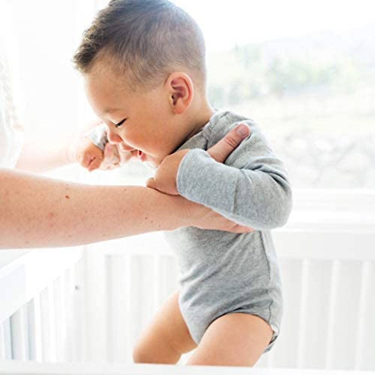 Goobie Baby Long Sleeve Classic Bodysuit Set with Fold-over Mitten Cuffs to Prevent Scratching, Soft 100% Cotton Onesie, Tagless Neck, 4 Pack (Gray, 3-6 Months)